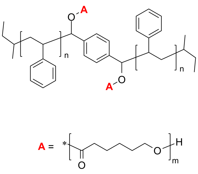 Poly(styrene)-graft-poly(ε-caprolactone), grafting on link in center