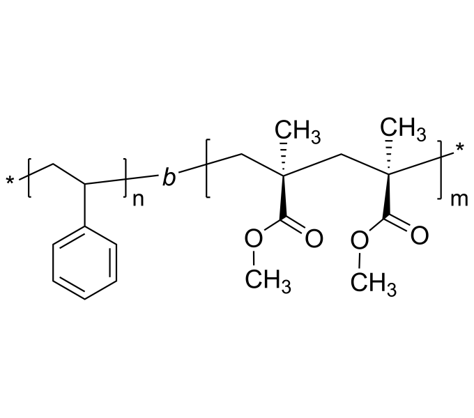 Poly(styrene)-b-poly(methyl methacrylate), PMMA block is isotactic (>90%)
